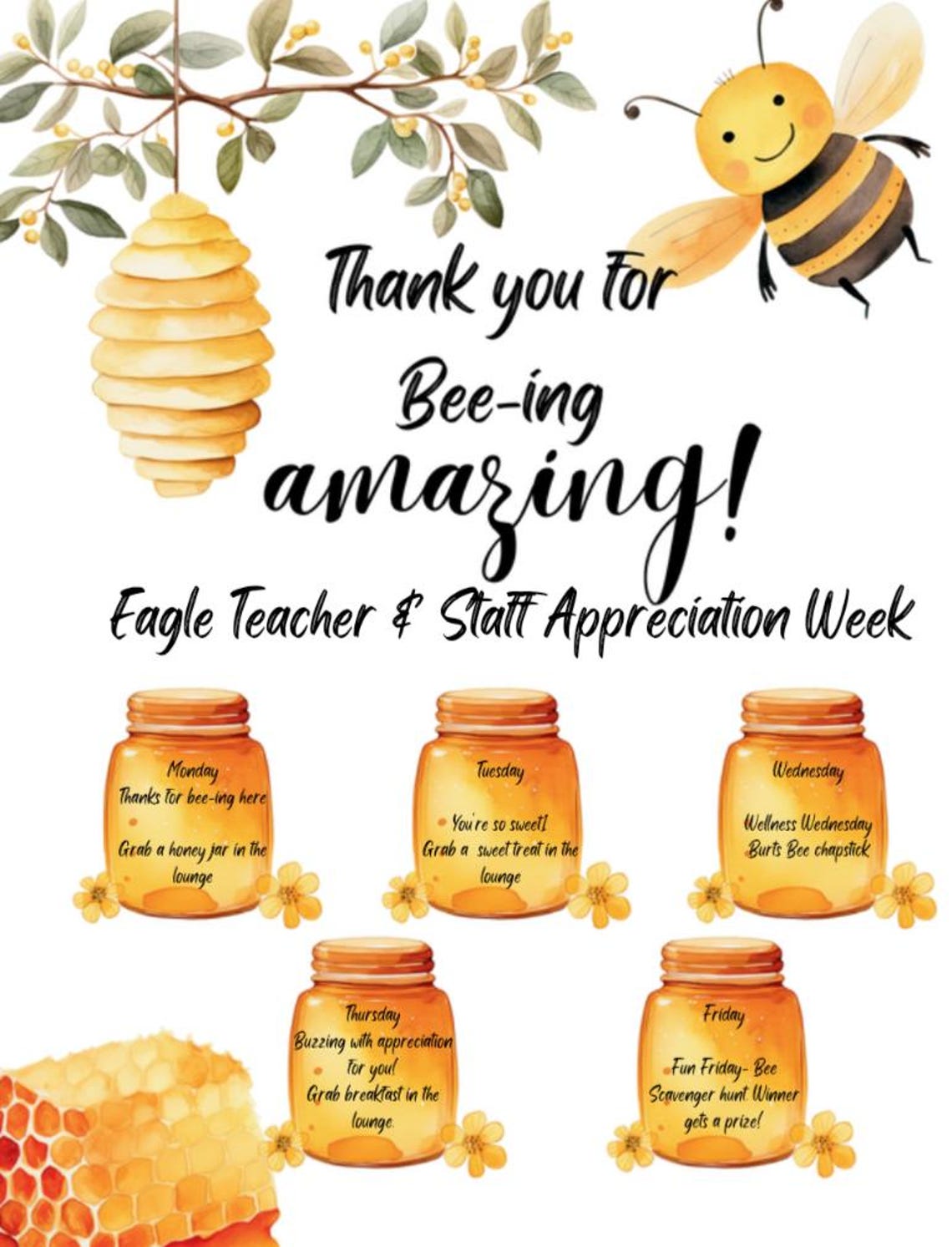 Bee Theme Teacher and Staff Appreciation Week Flyer Editable Printable ...