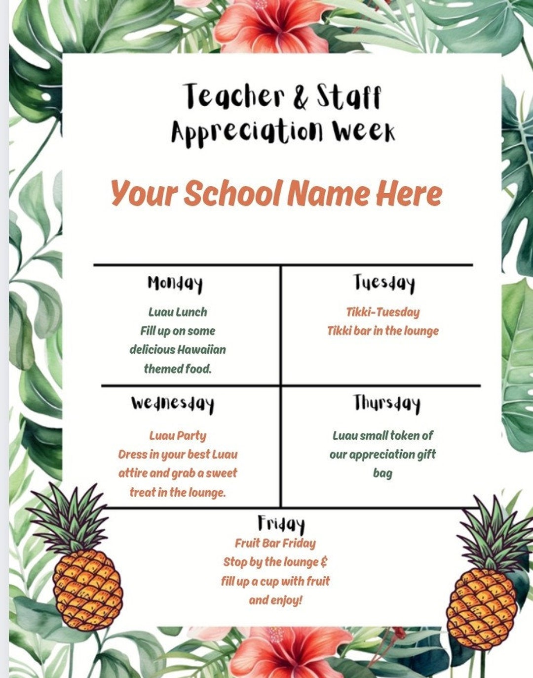 Hawaiian Theme Teacher and Staff Appreciation Week - Etsy