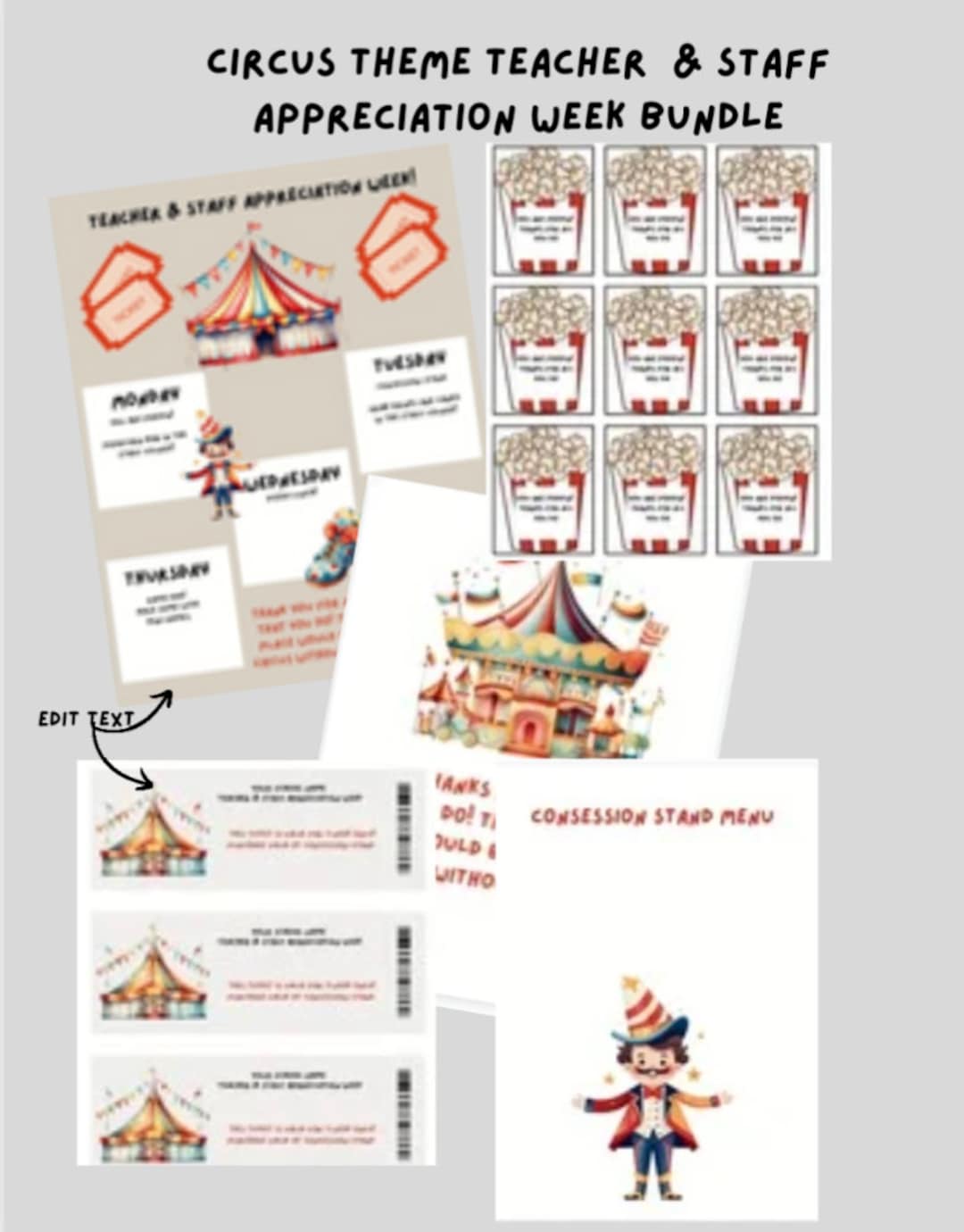 Circus Theme Teacher Appreciation Week Bundle Digital and Editable - Etsy