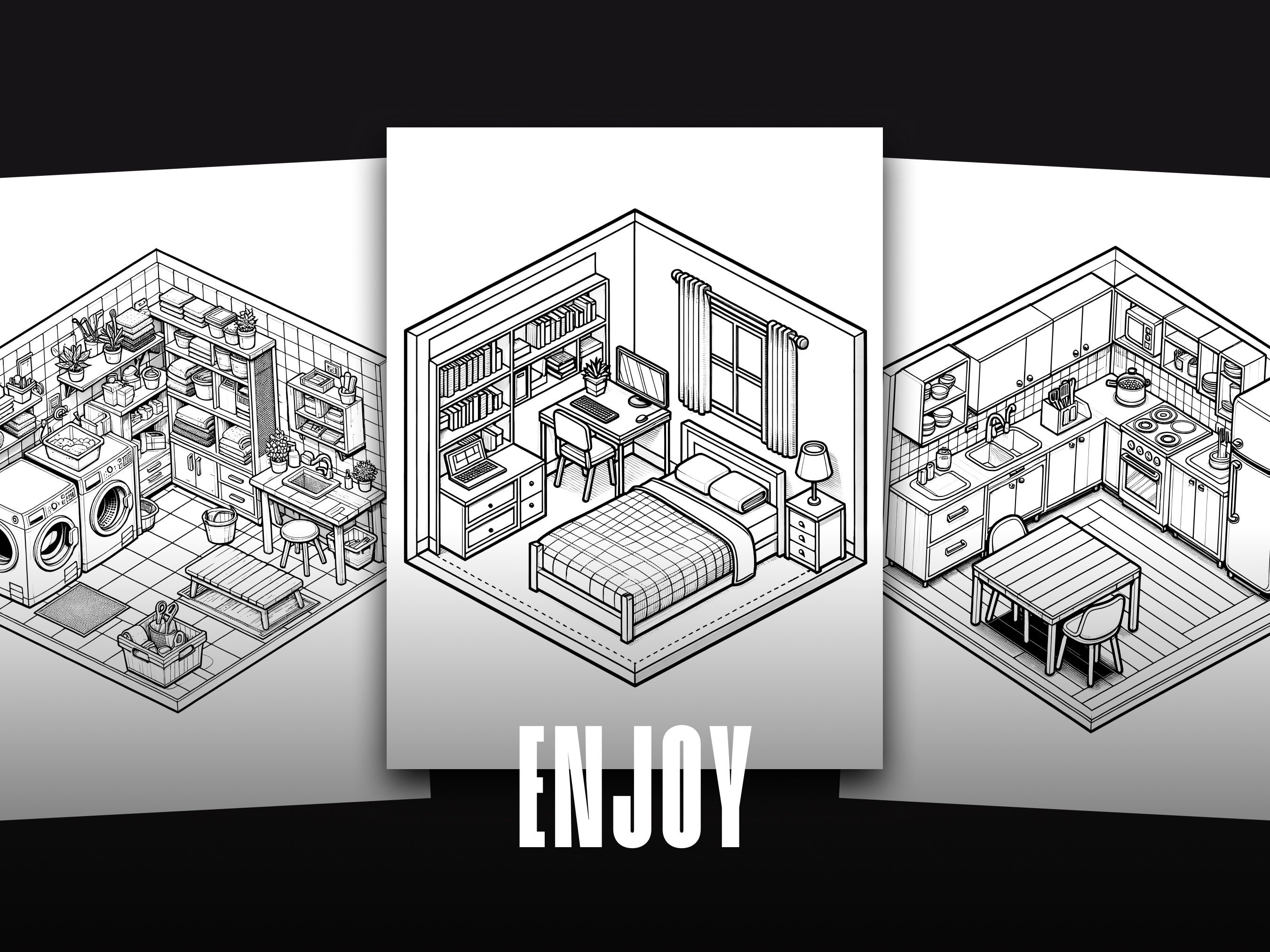 Isometric Home Interior Coloring Book 30 House Coloring Book Pages ...
