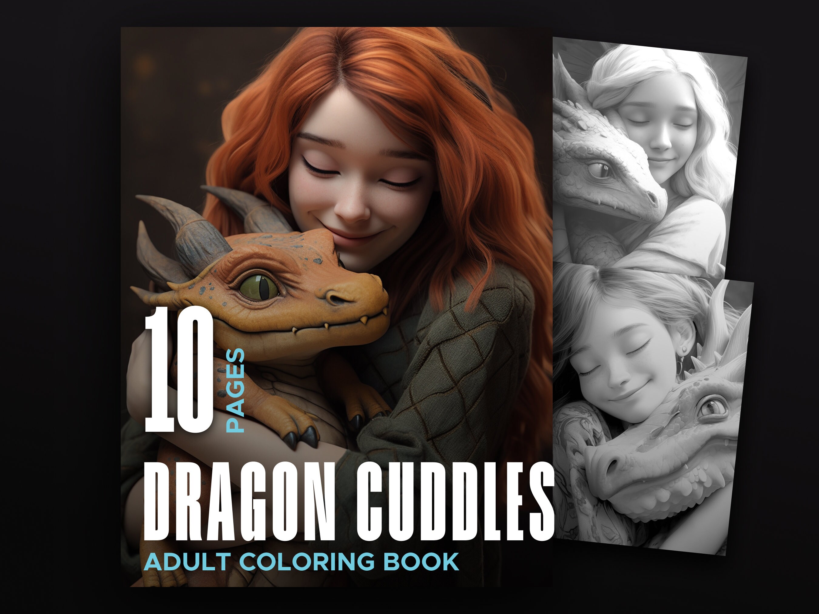 10 Baby Dragon Cuddles Coloring Page Book for Adults and Kids, Fantasy ...