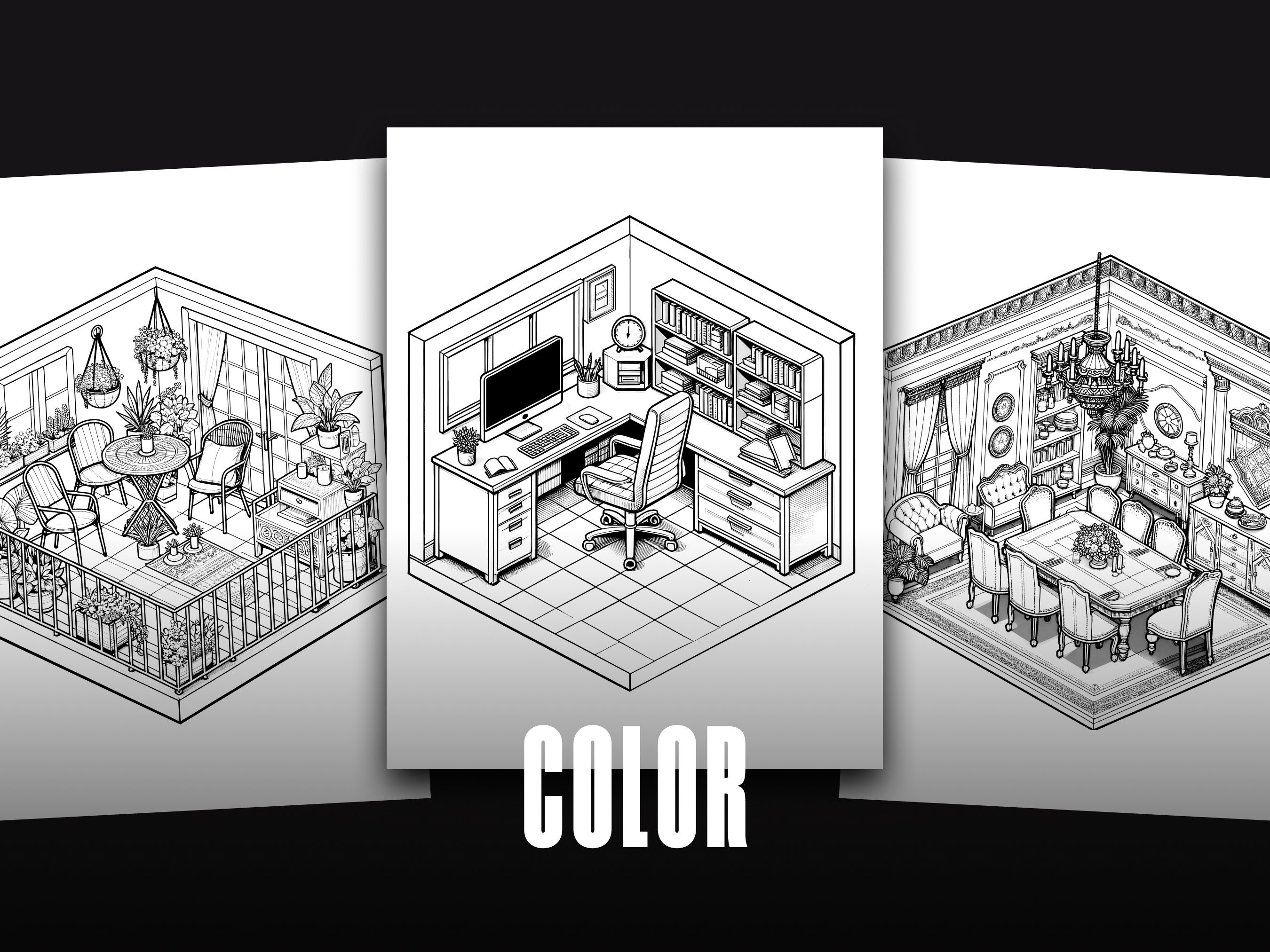 Isometric Home Interior Coloring Book 30 House Coloring Book Pages ...