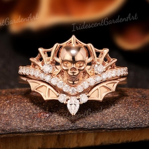 Gothic Skull Engagement Ring Set Bat Wings Wedding Band Solid Gold ...
