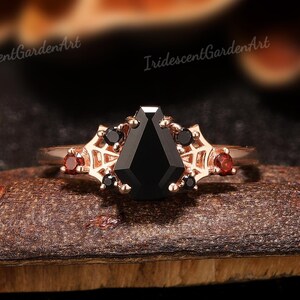 Spider Web Coffin Black Onyx Gothic Engagement Ring Garnet Gothic Ring Gold Rings for Women ...