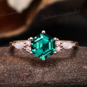 Unique Hexagon Cut Emerald Engagement Ring Art Deco Green Gemstone Rose ...