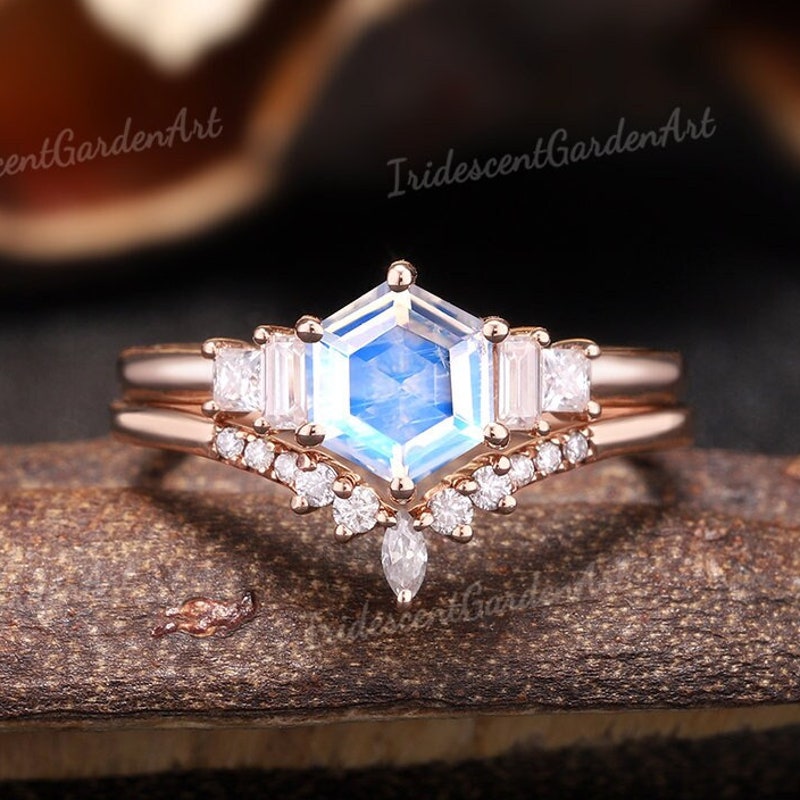 Moonstone Wedding Ring Set - Etsy