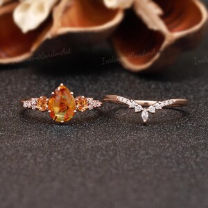 Amber Engagement Ring Set Fanta Garnet Moissanite Cluster Wedding Ring ...