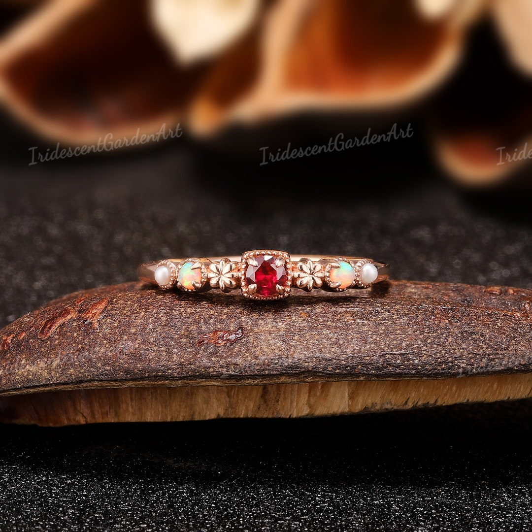 Vintage Ruby Wedding Band Rainbow Opal Ring Milgrain Rose Gold Pearl ...