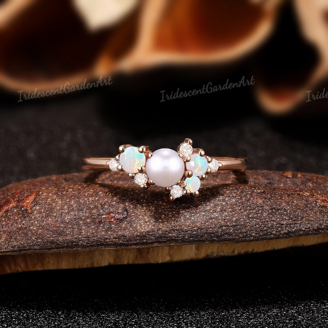 Akoya Pearl Engagement Ring Opal Ring Diamond Moissanite Cluster ...