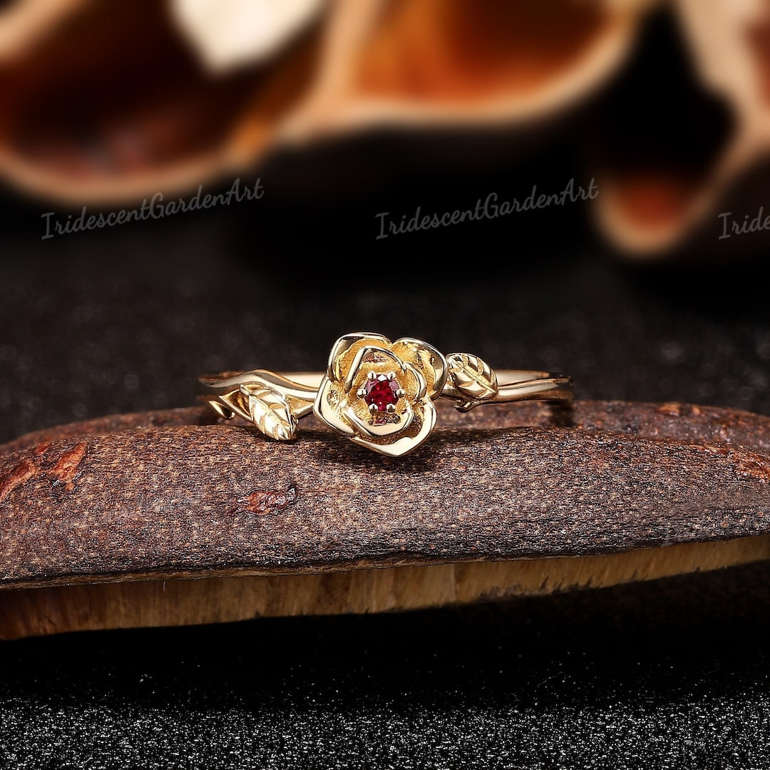 Vintage Ruby Engagement Ring Nature Inspired Rose Flower Leaf Ring Red ...