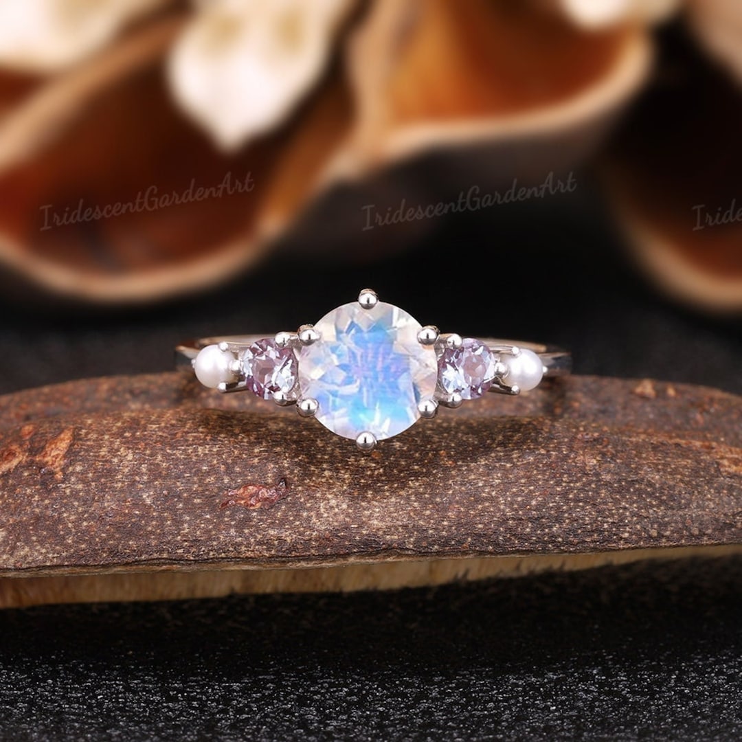 Unique Moonstone Engagement Ring Alexandrite Promise Ring Pearl Wedding ...