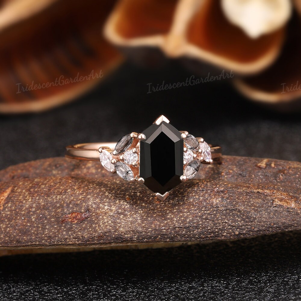 Vintage Hexagon Cut Black Onyx Engagement Ring Art Deco Black Onyx ...