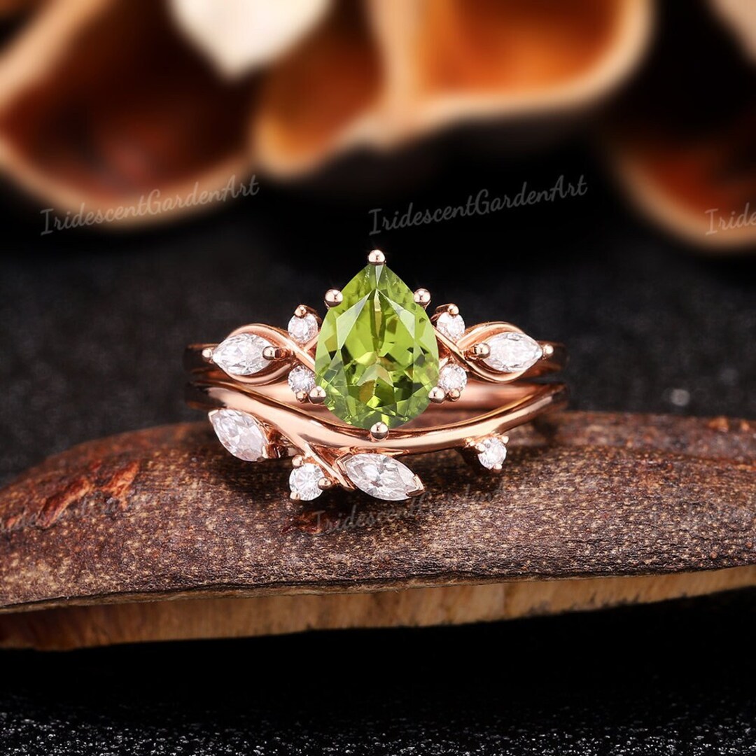Art Deco Peridot Engagement Ring Set Minimalist Wedding Ring Set Solid ...