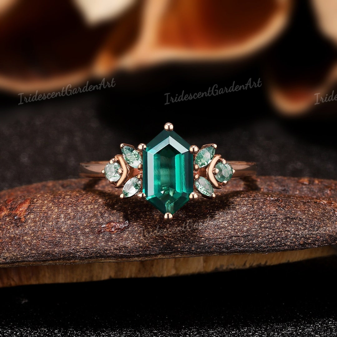 Hexagon Emerald Engagement Ring Green Moss Agate Cluster Ring Unique Gold Rings for Women May ...