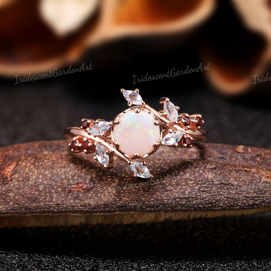 Unique Natural Pink Opal Engagement Ring Solid Gold Rings for Women Art ...