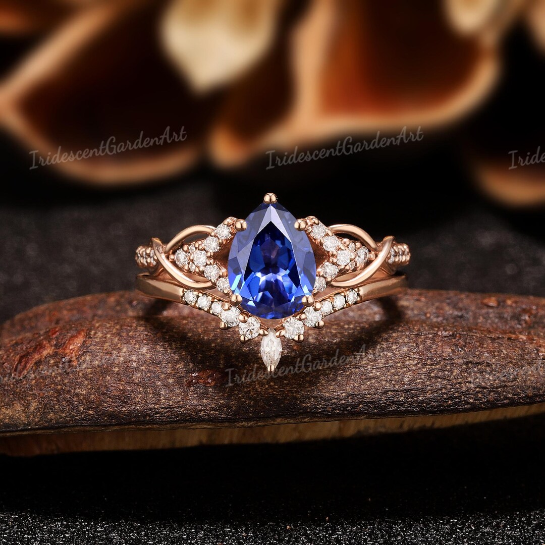 Royal Blue Sapphire Engagement Ring Set Gold Rings for Women Moissanite ...