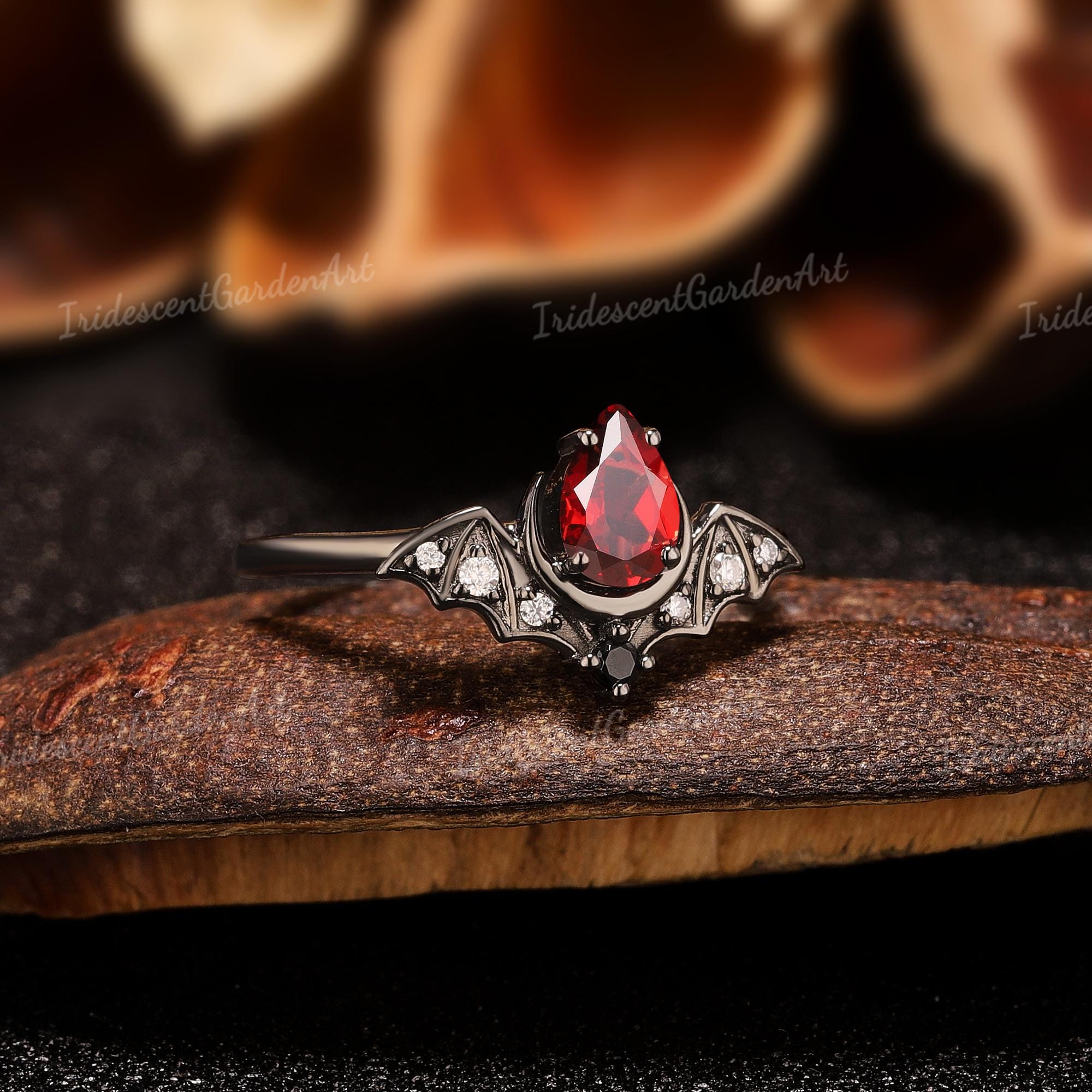 Vampire Pear Cut Garnet Gothic Engagement Ring Moon Black Gold Bat ...