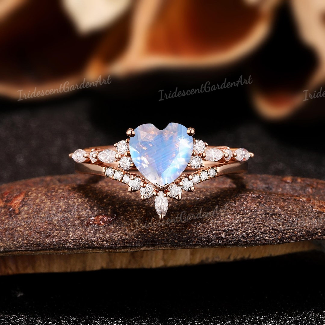 Heart Cut Moonstone Engagement Ring Set Moissanite Wedding Ring Set ...