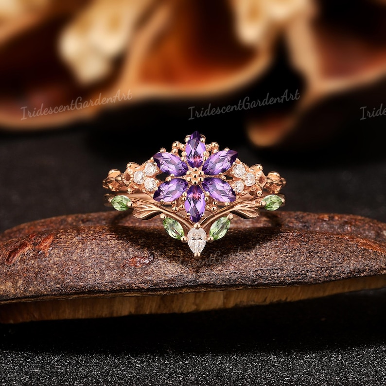 Flower Purple Sapphire Engagement Ring Set Leaf Peridot Wedding Band ...