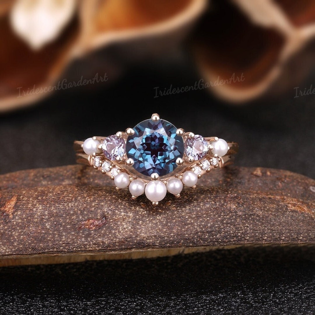 Art Deco Alexandrite Wedding Ring Set Vintage Pearl Engagement Ring ...