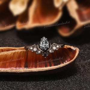Vampire Black Rutilated Quartz Engagement Ring Gothic Black Gold Bat ...