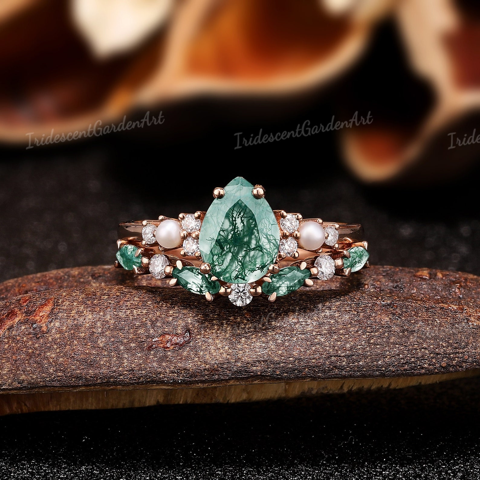 Vintage Moss Agate Engagement Ring Set Gold Pearl Ring Natural Green ...