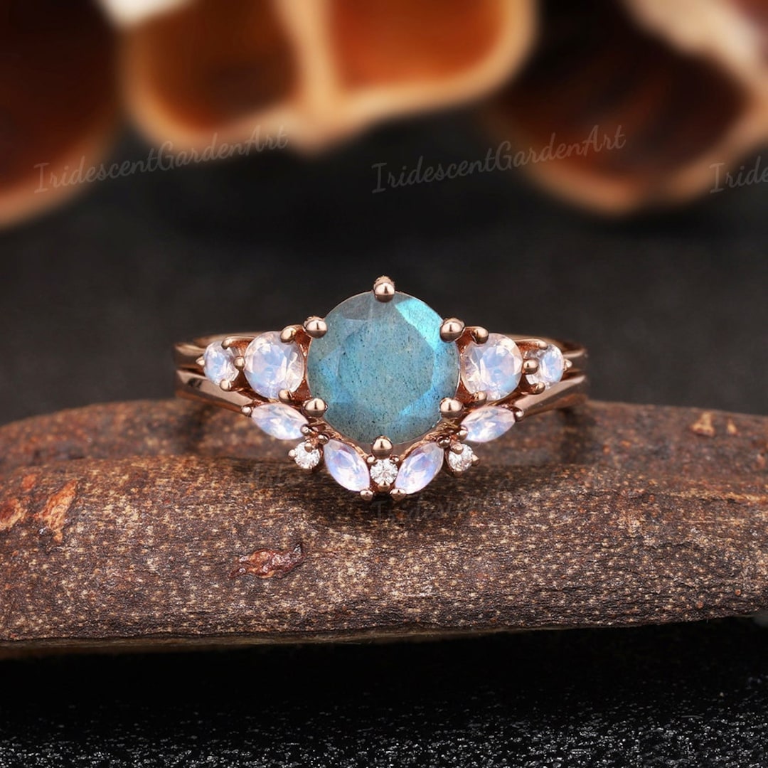 Unique Labradorite Engagement Ring Art Deco Moonstone Wedding Ring Set ...