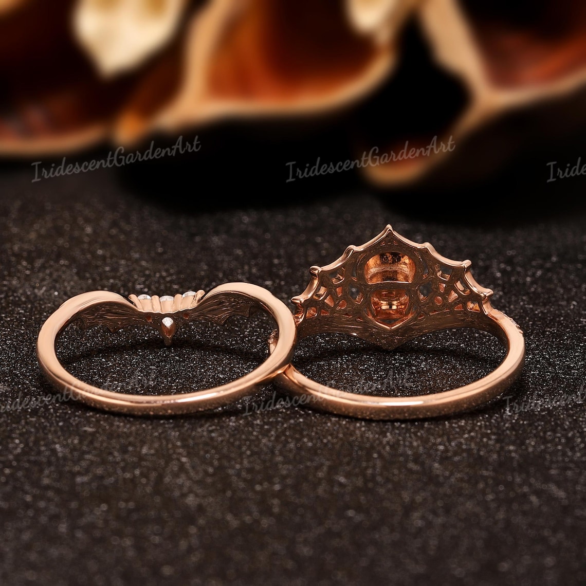 Gothic Skull Engagement Ring Set Bat Wings Wedding Band Solid Gold ...