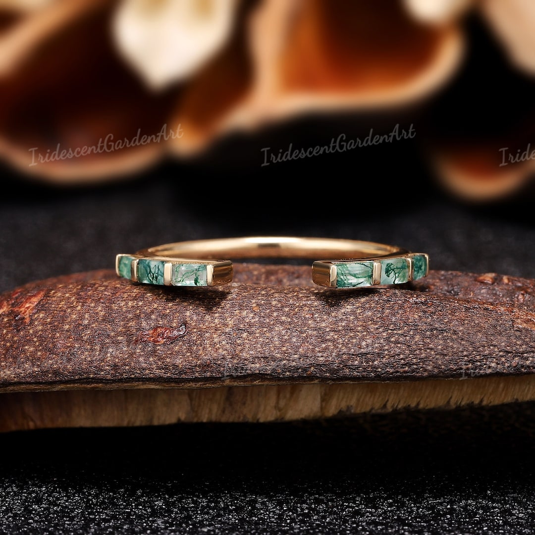 Unique Moss Agate Open Wedding Band Spring Natural Moss Agate Curved ...