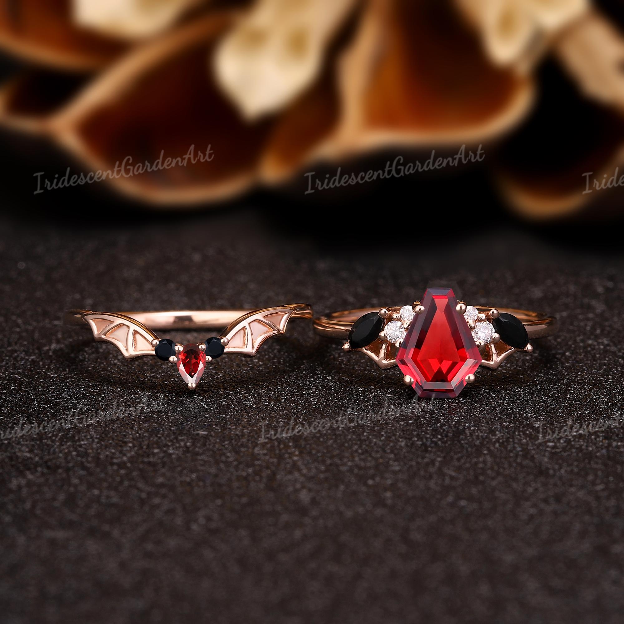 Vampire Garnet Gothic Engagement Ring Set Bat Wings Wedding Band Black ...