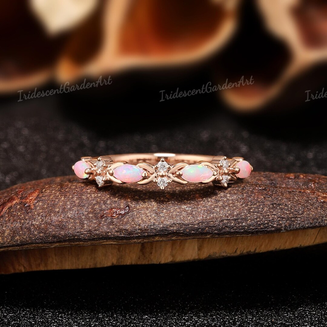 Dainty Fire Opal Wedding Ring Rose Gold Opal Wedding Bands Women ...