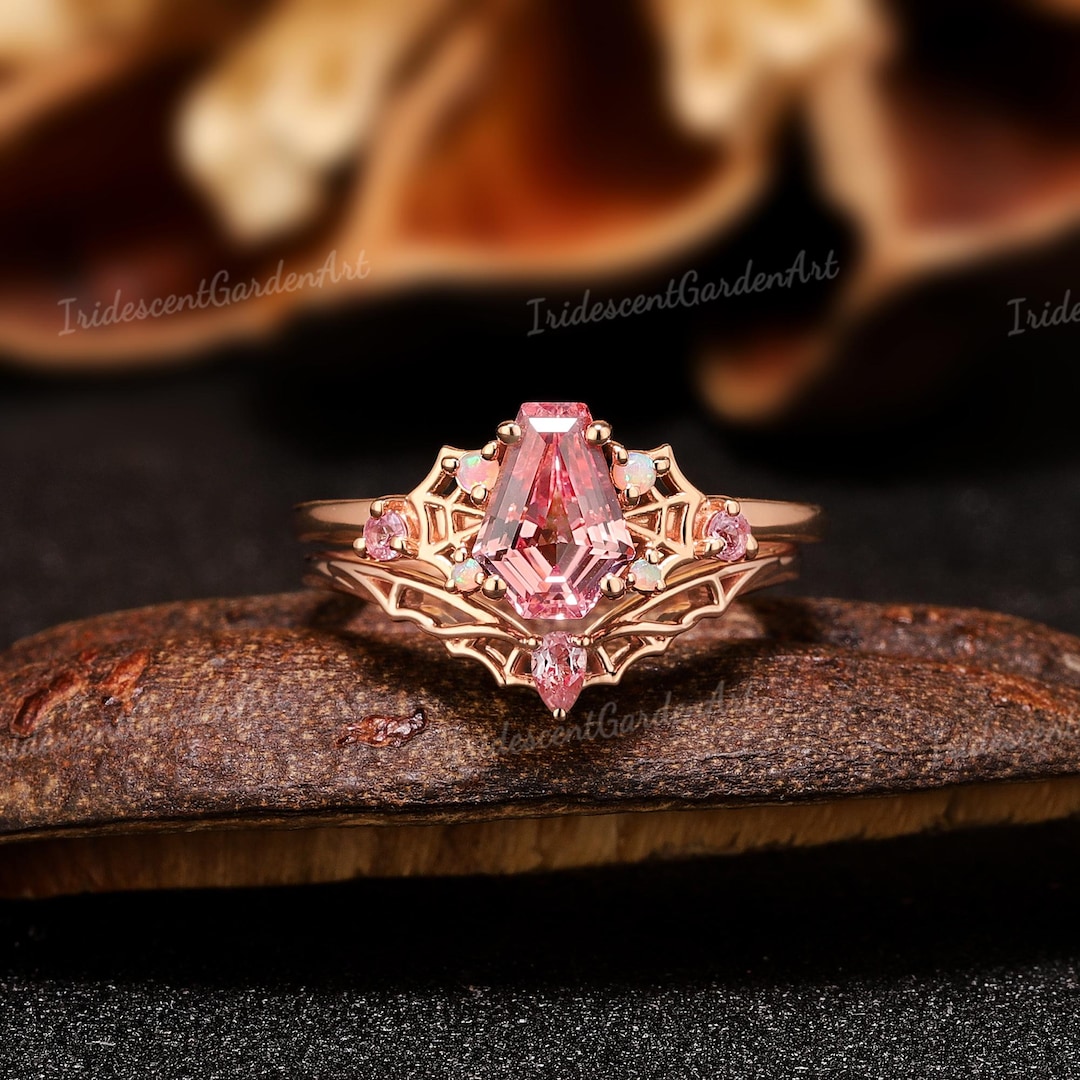 Spider Web Coffin Cut Pink Sapphire Engagement Ring Set Rose Gold Opal ...