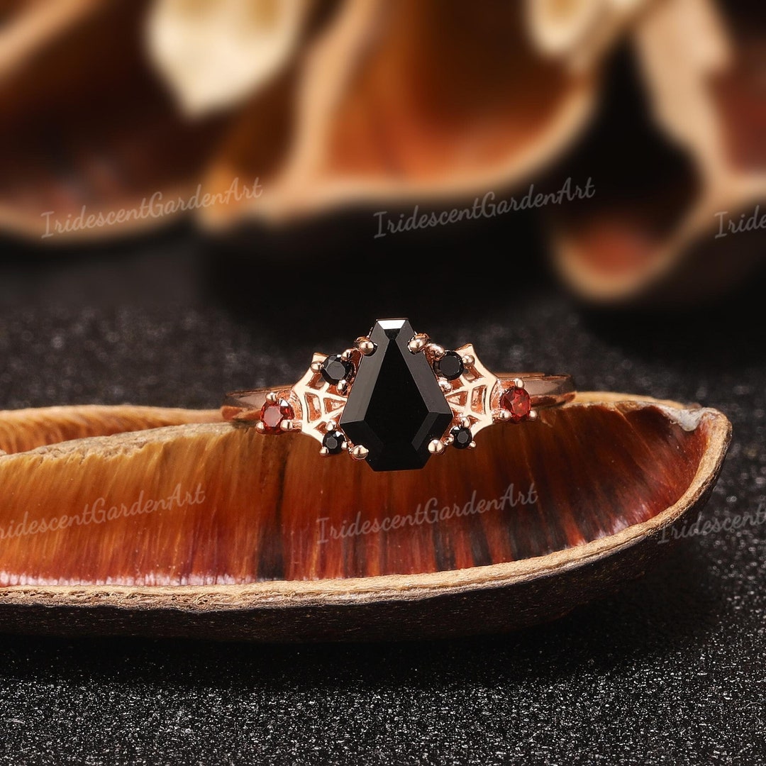 Spider Web Coffin Black Onyx Gothic Engagement Ring Garnet Gothic Ring ...