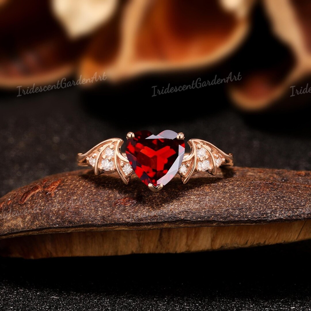 Vampire Garnet Gothic Engagement Ring Solid Gold Moissanite Bat Wings ...