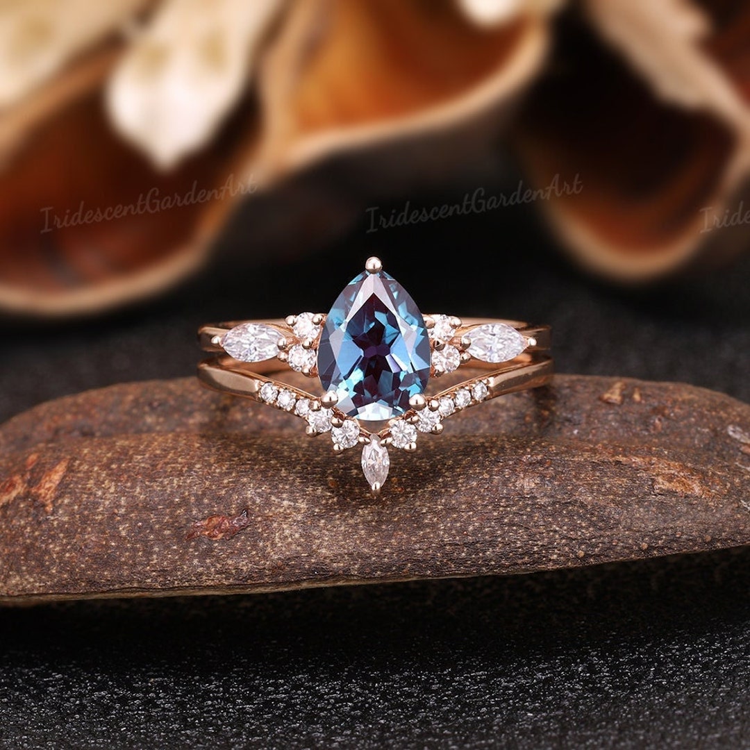 Unique Alexandrite Wedding Ring Set Marquise Cut Moonstone Engagement ...