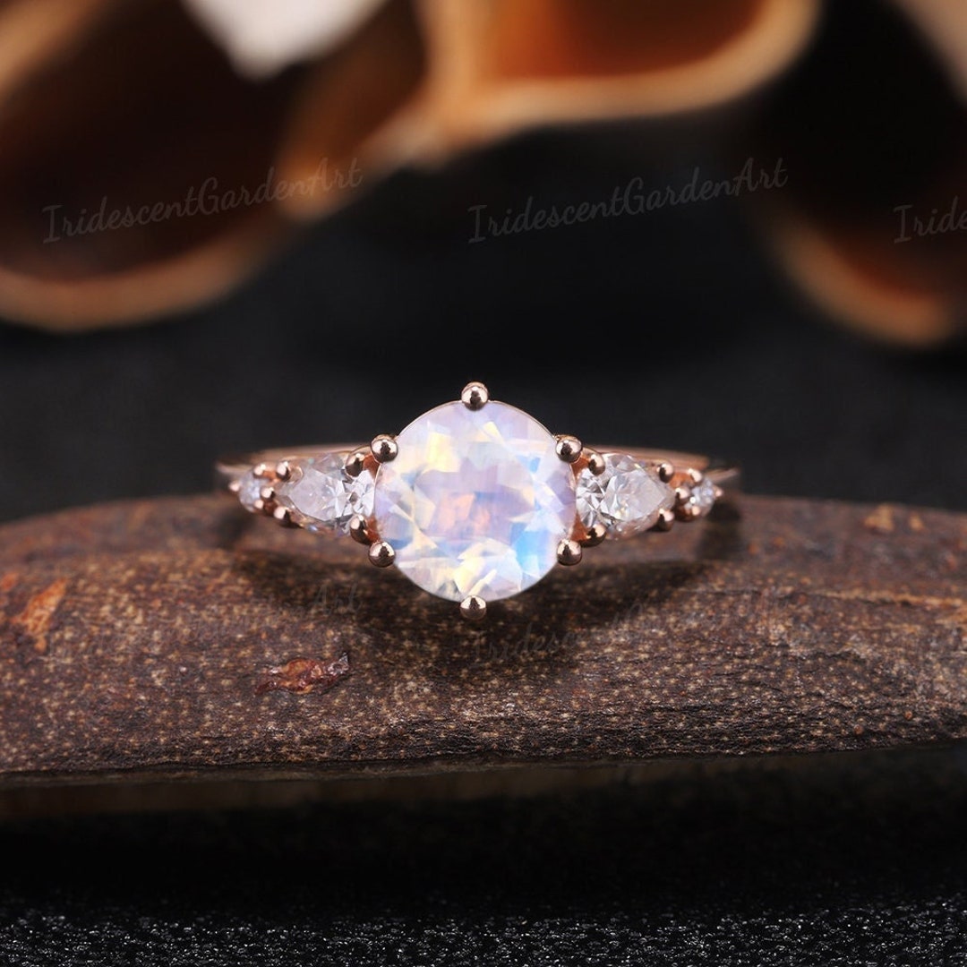 Round Cut Moonstone Engagement Rings Vintage Rose Gold Wedding Ring ...