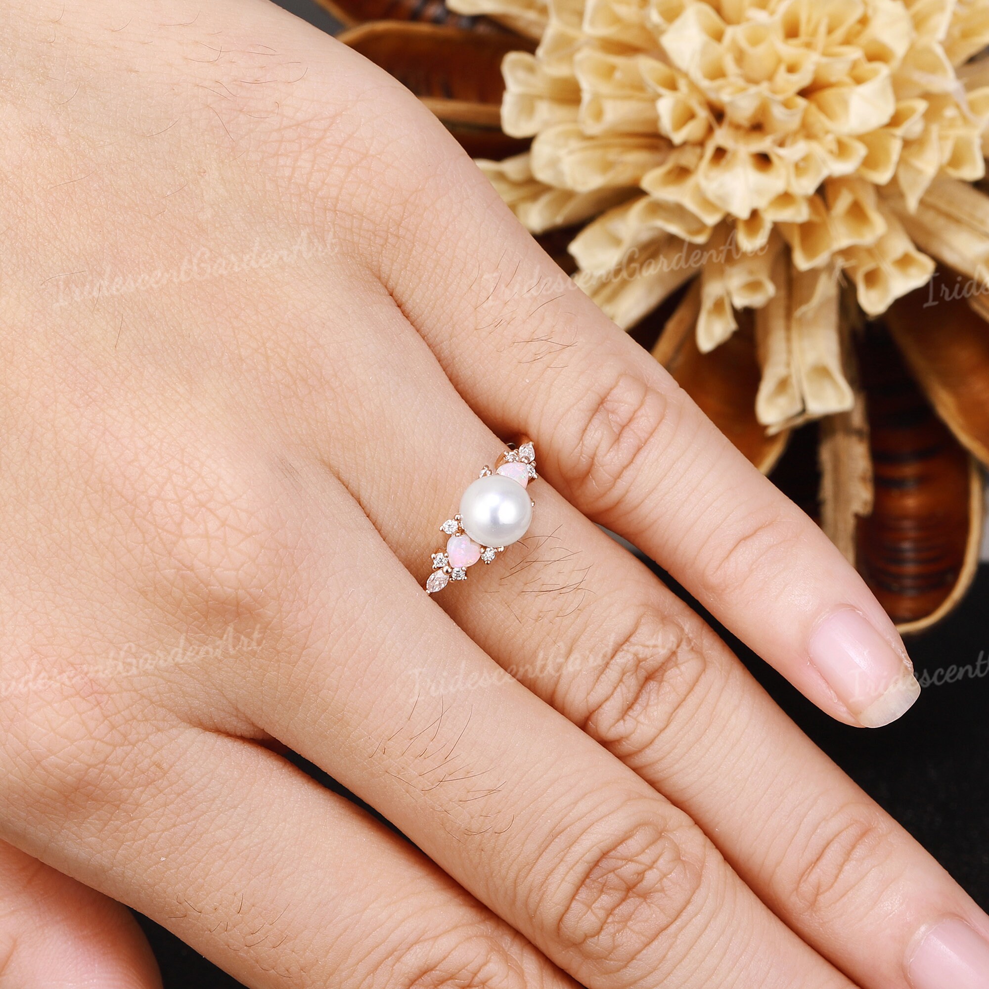 Akoya Pearl Engagement Ring Rose Gold Diamond Ring Heart Opal ...