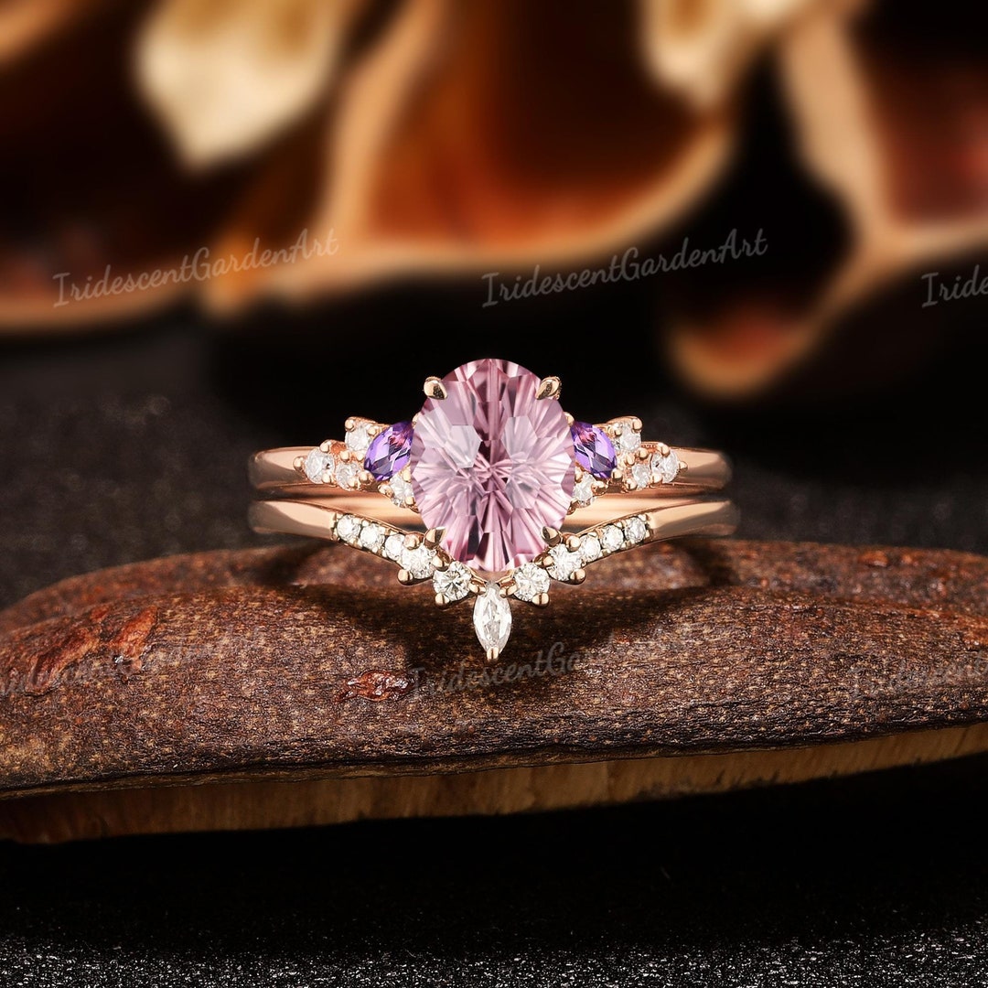 Fireworks Cut Pink Sapphire Engagement Ring Set Amethyst Ring Gold ...