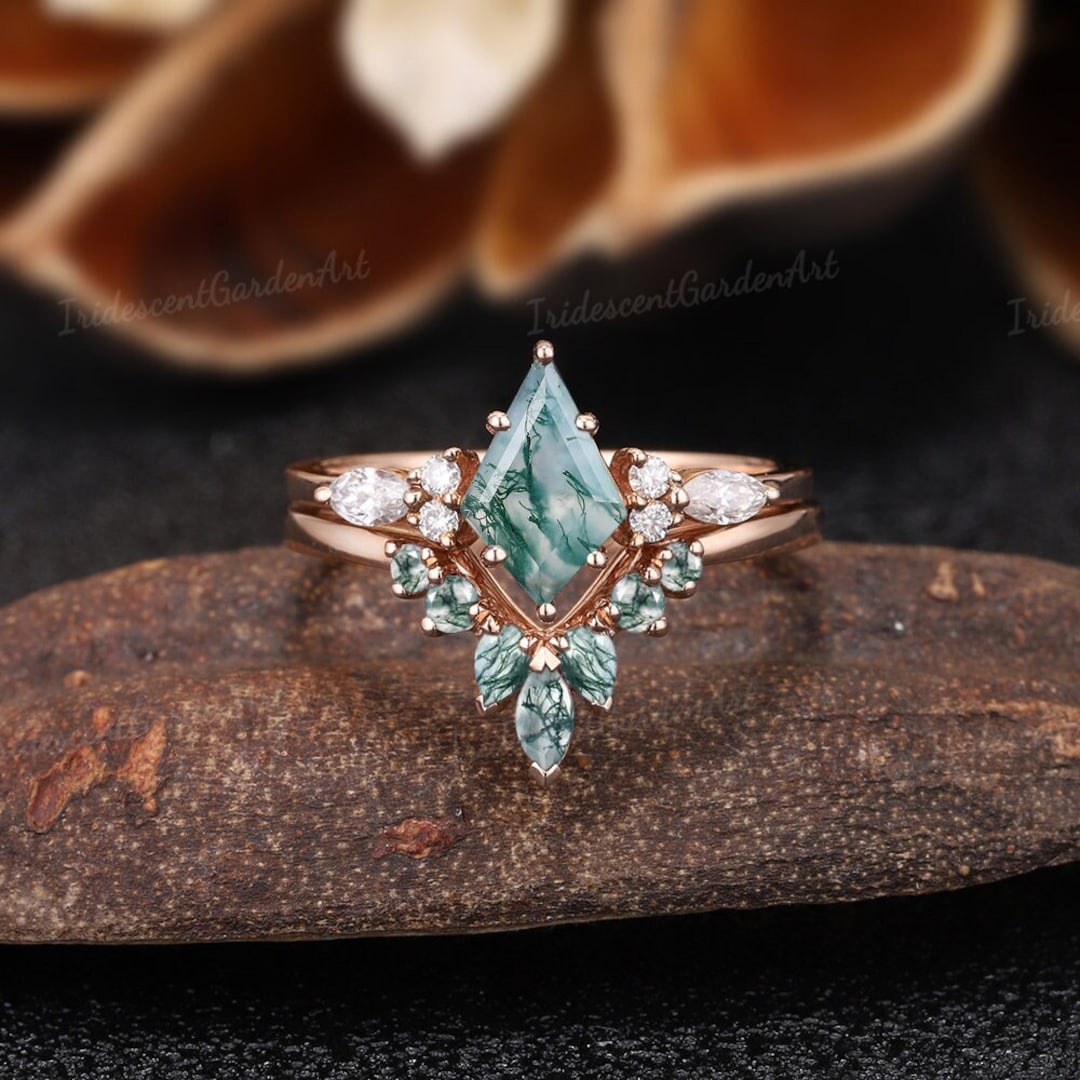 Nature Moss Agate Engagement Ring Art Deco Moissanite Cluster Wedding ...
