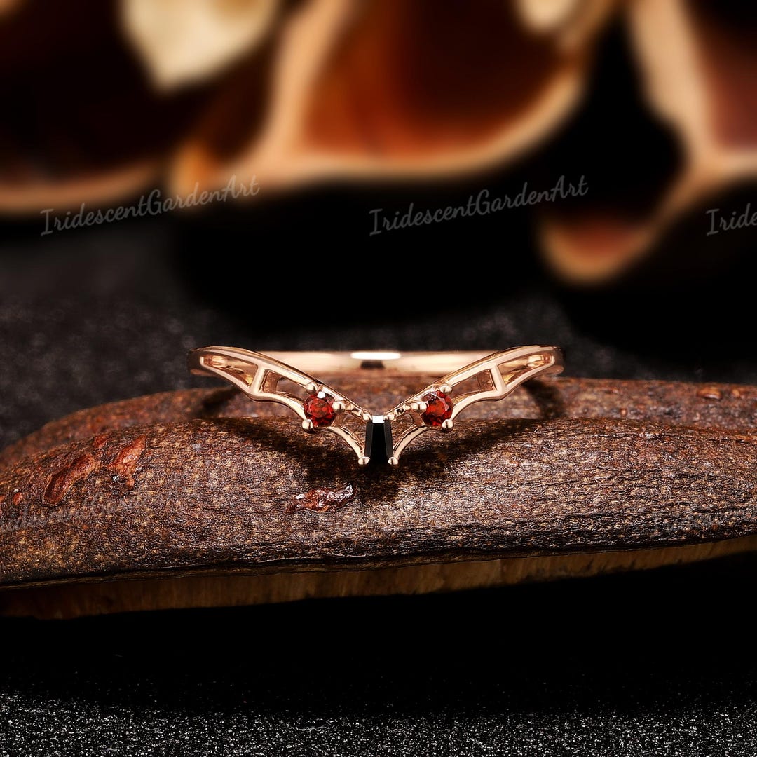 Baguette Cut Black Onyx Wedding Band Bat Wings Gothic Gold Wedding ...