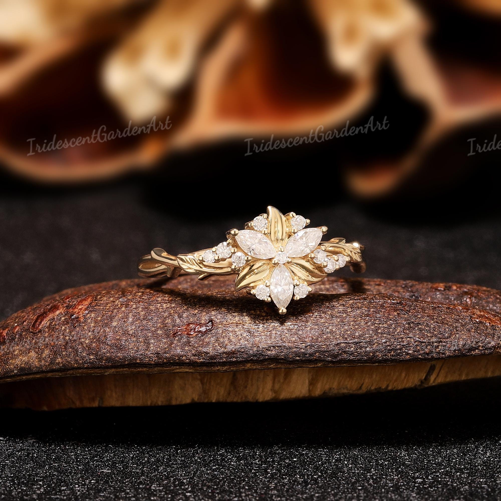 Nature Inspired Flower Leaf Ring Marquise Moissanite Engagement Ring ...