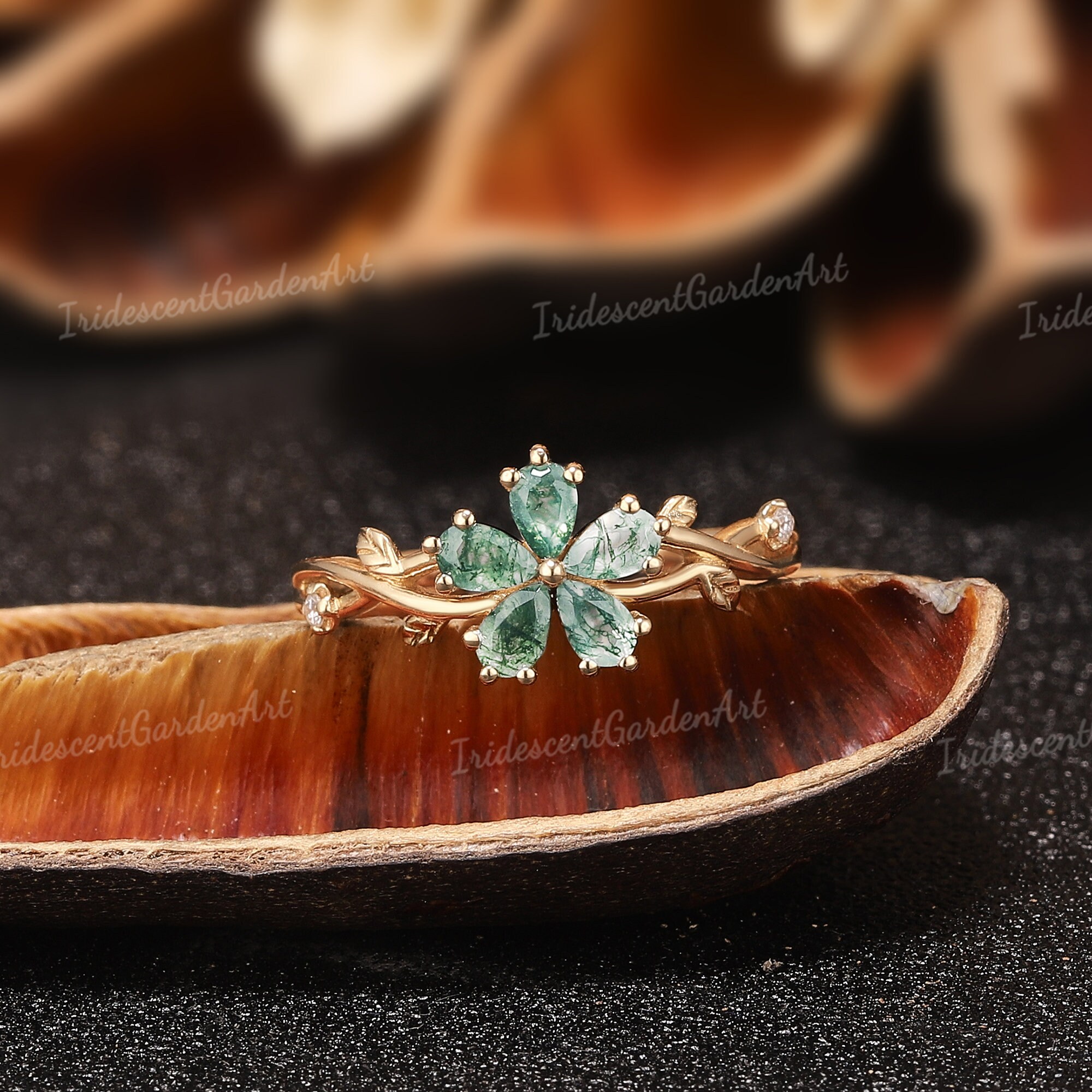 Nature Inspired Moss Agate Engagement Ring Solid Gold Leaf Ring Green ...