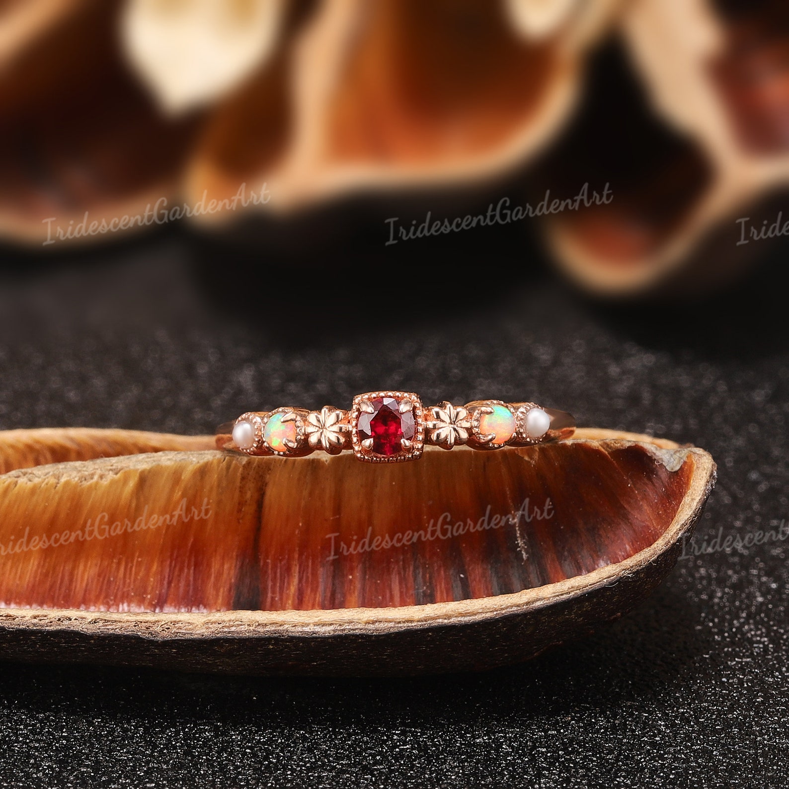 Vintage Ruby Wedding Band Rainbow Opal Ring Milgrain Rose Gold Pearl ...