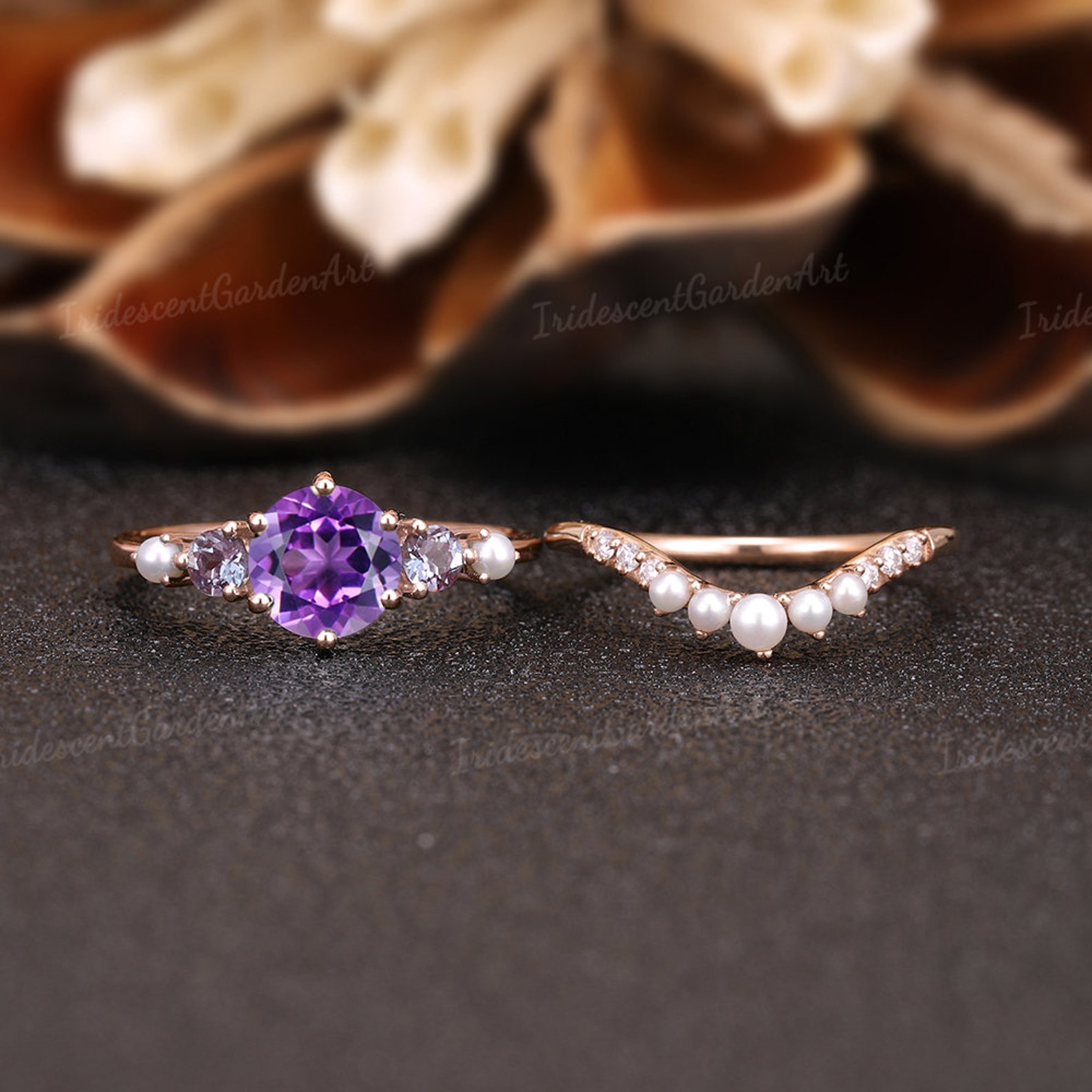 Amethyst Wedding Ring Set Art Deco Alexandrite Engagement Ring Vintage ...