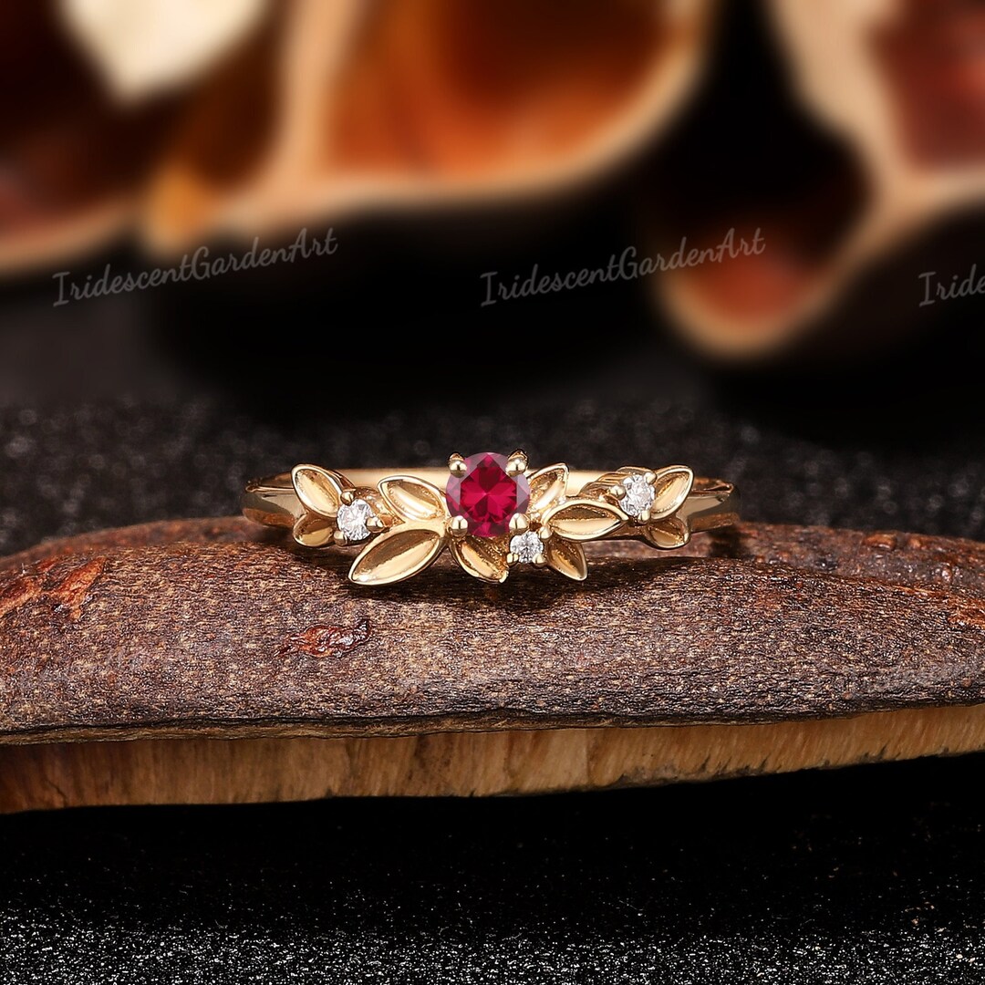 Vintage Ruby Ring Nature Inspired Leaf Ring 14k Gold Diamond Wedding ...