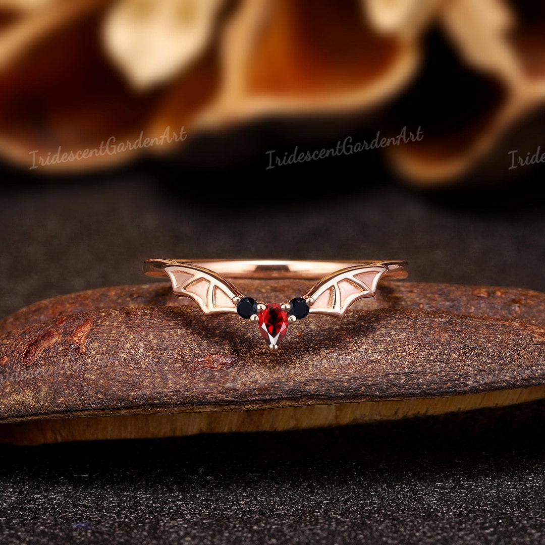 Vampire Red Garnet Stackable Rings for Women Gothic Black Onyx Bat ...