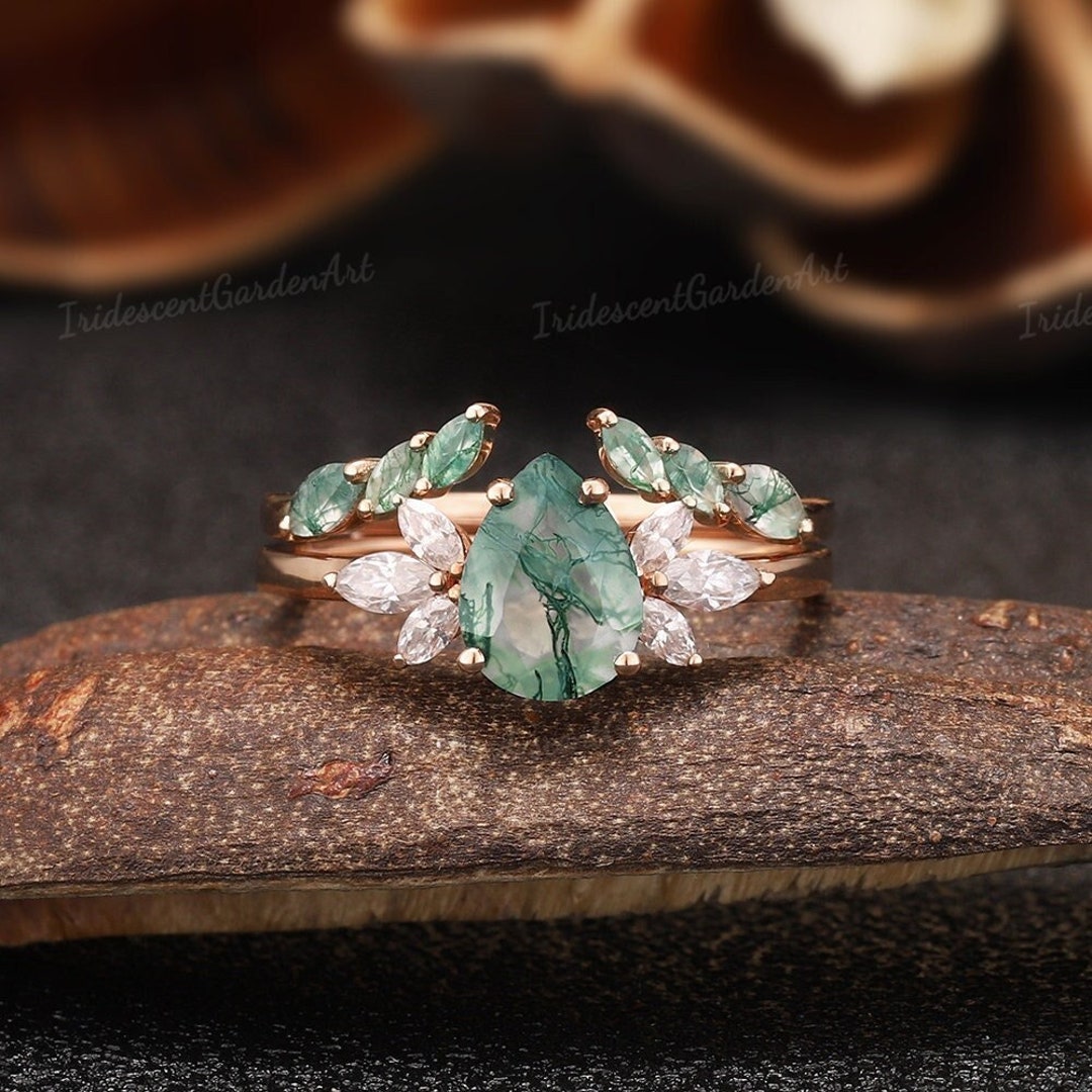 Natural Moss Agate Wedding Rings Set Pear Moissanite Engagement Ring ...
