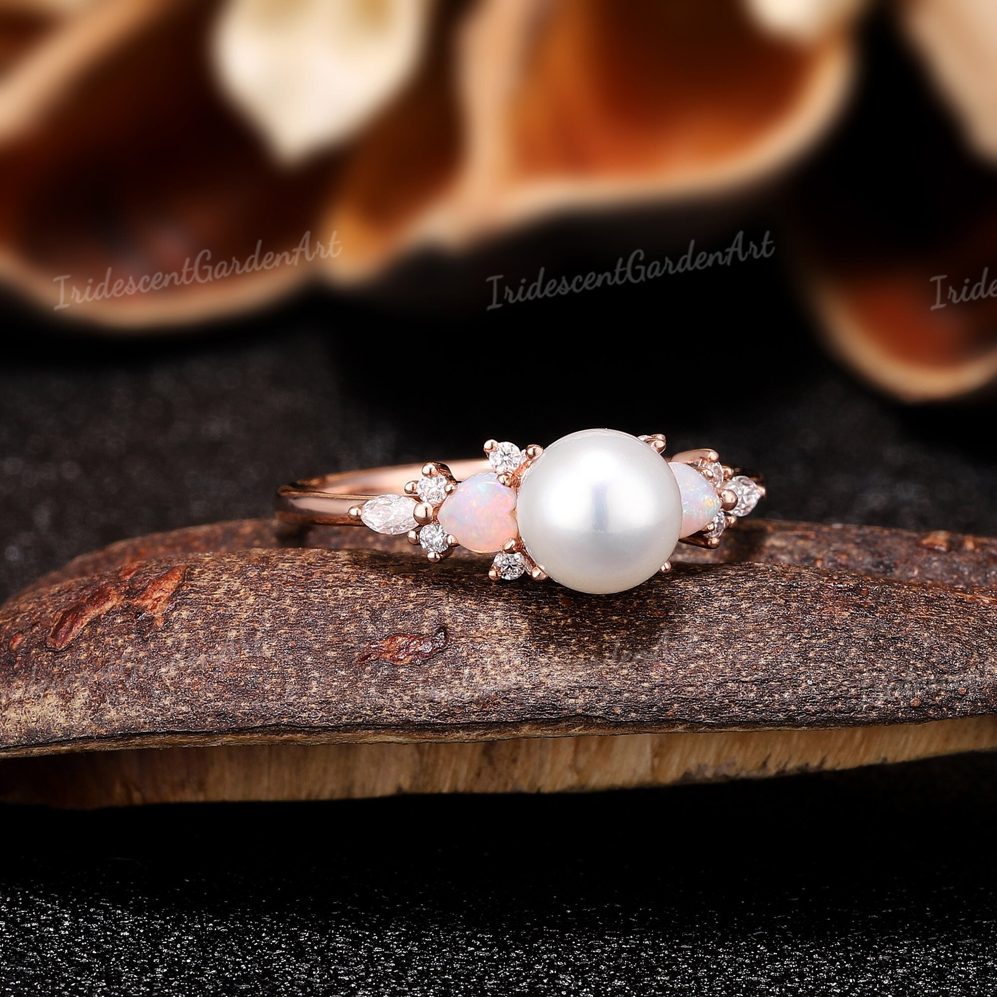 Akoya Pearl Engagement Ring Rose Gold Diamond Ring Heart Opal ...