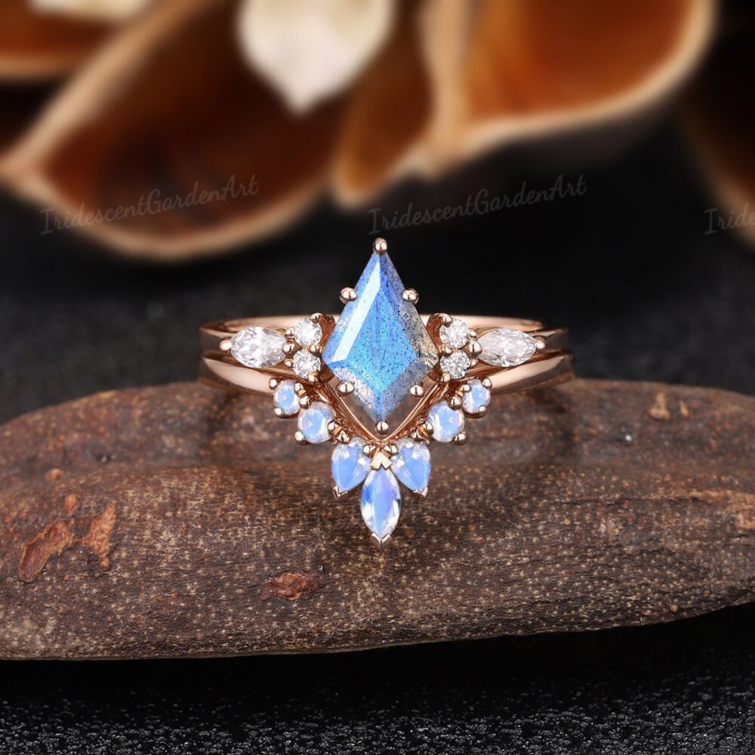 Art Deco Labradorite Wedding Ring Set Kite Labradorite Engagement Ring ...