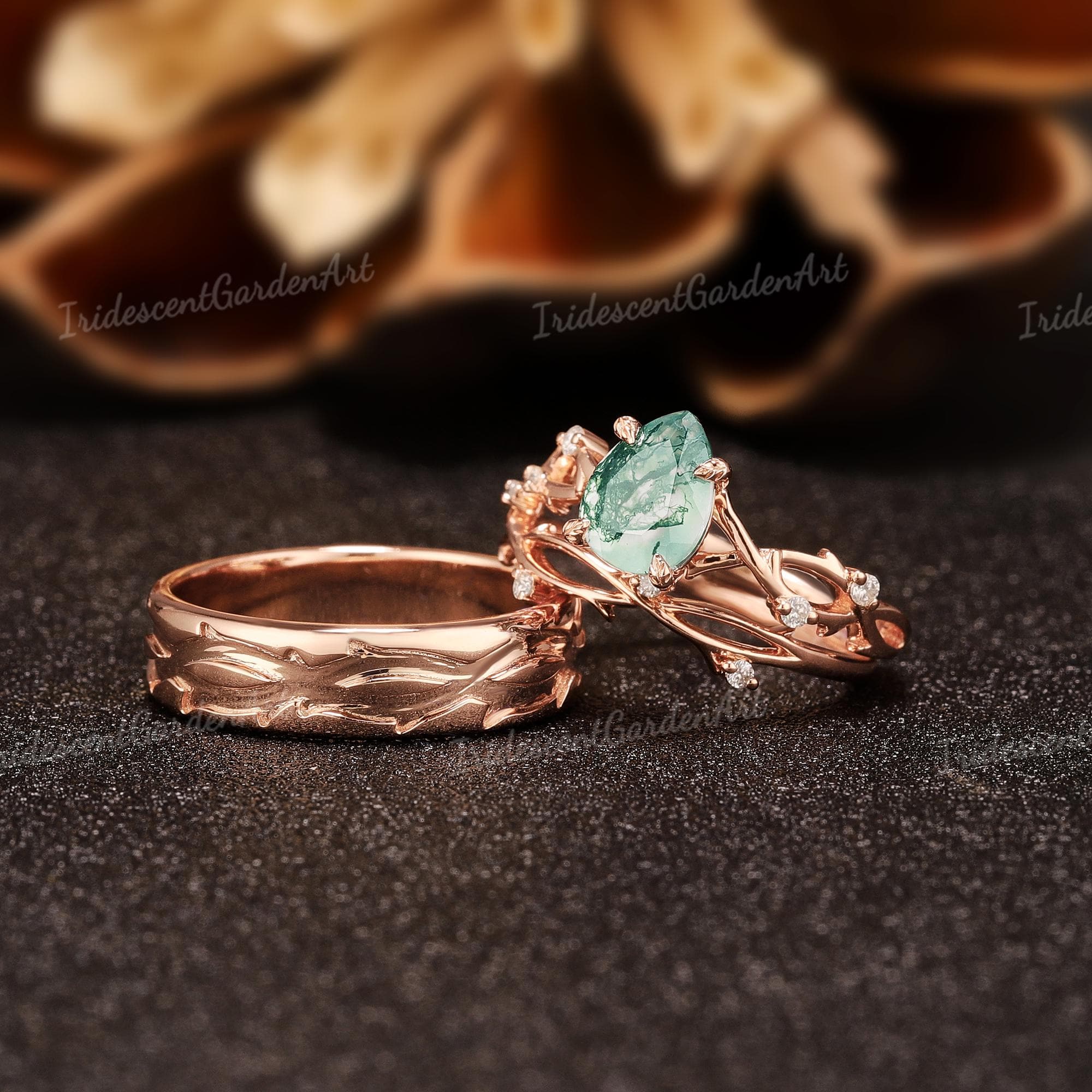 3pcs Couple Rings Moss Agate Engagement Ring Set Gold His and Hers Wedding Ring Set Mens Wedding Band Anniversary Rings for Men and Women
